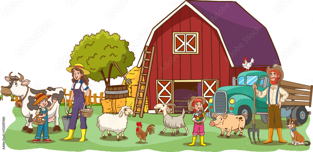 Family farm illustration with mother, father, kids, hay, cow, pig, calf ...