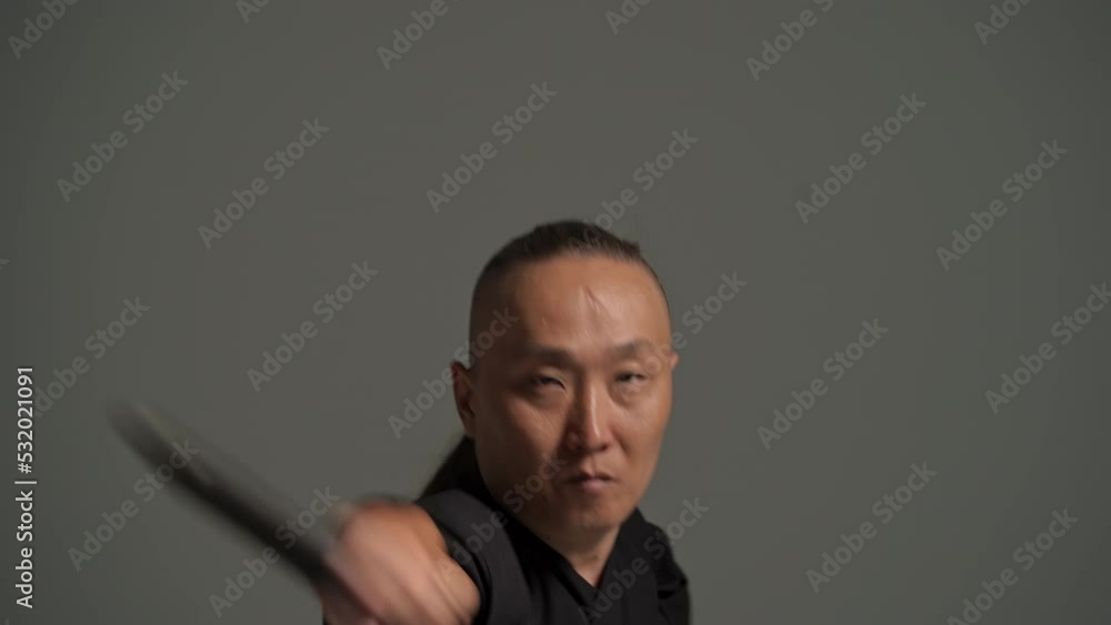 Japanese man traditional dress, black kimano katana samurai sword ...
