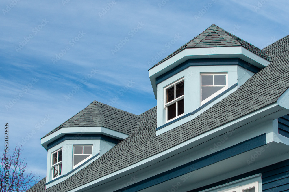 The exterior view of two polygonal dormers on a modern blue rooftop of ...
