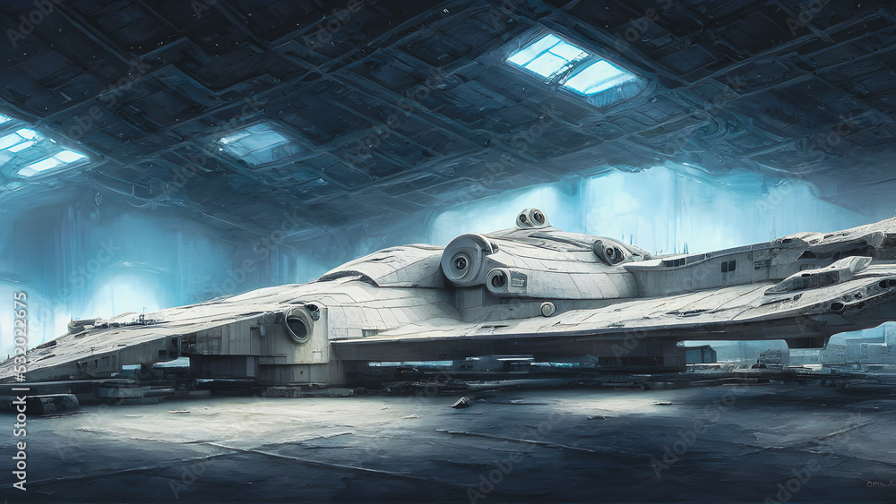 Artistic concept painting of a beautiful sci-fi spaceship in hangar ...