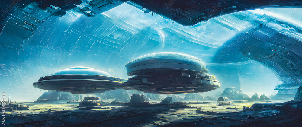 Artistic concept painting of a beautiful sci-fi spaceship in hangar ...