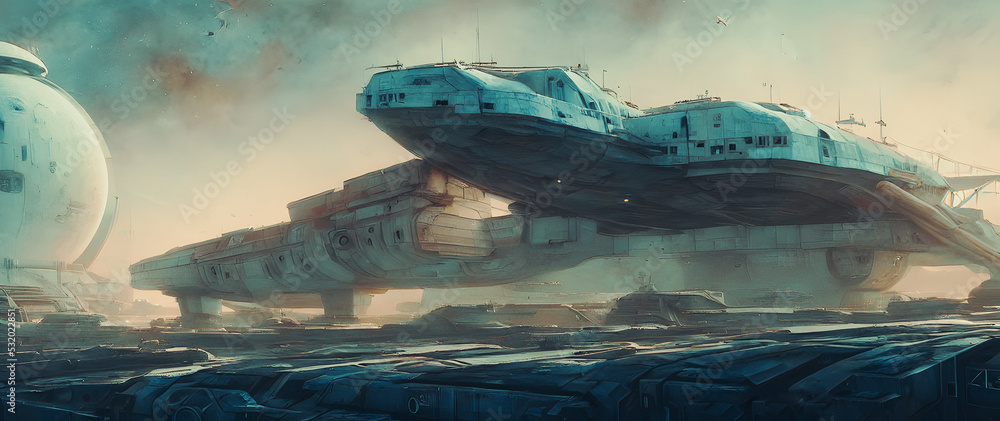 Artistic concept painting of a beautiful sci-fi spaceship in hangar ...