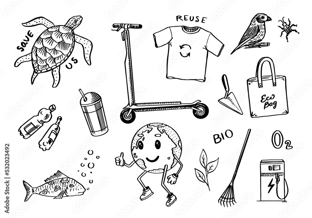 Ecology background. Zero waste. Scooter and sea animals. Hand drawn eco ...