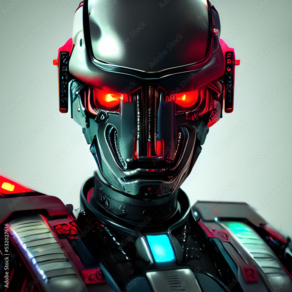 A high-tech cyberpunk robot is standing in a dark room. Its red eyes ...
