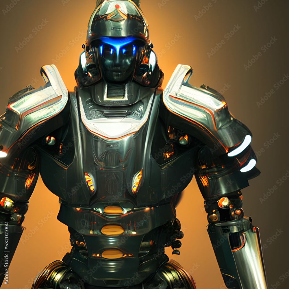 I'm looking at a high-tech cyberpunk robot. It's all metal and wires ...