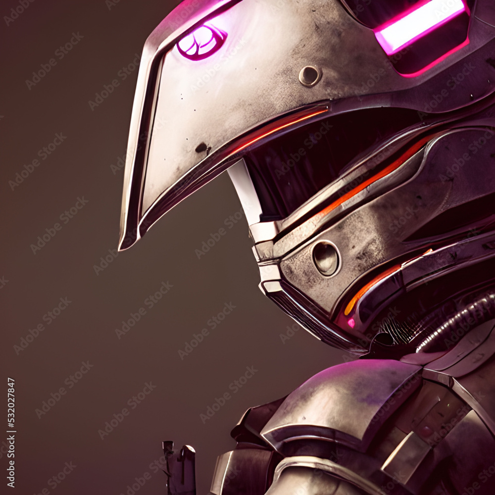 A high-tech cyberpunk robot is standing in a cityscape. The robot has a ...