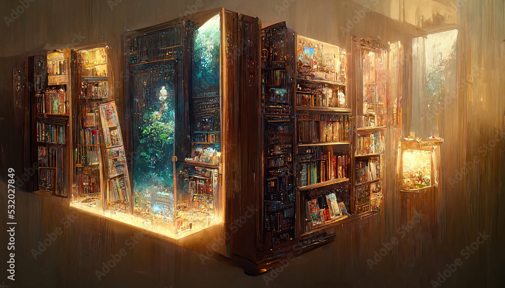 Bookcase with old books in the interior. Bookstore, library ...