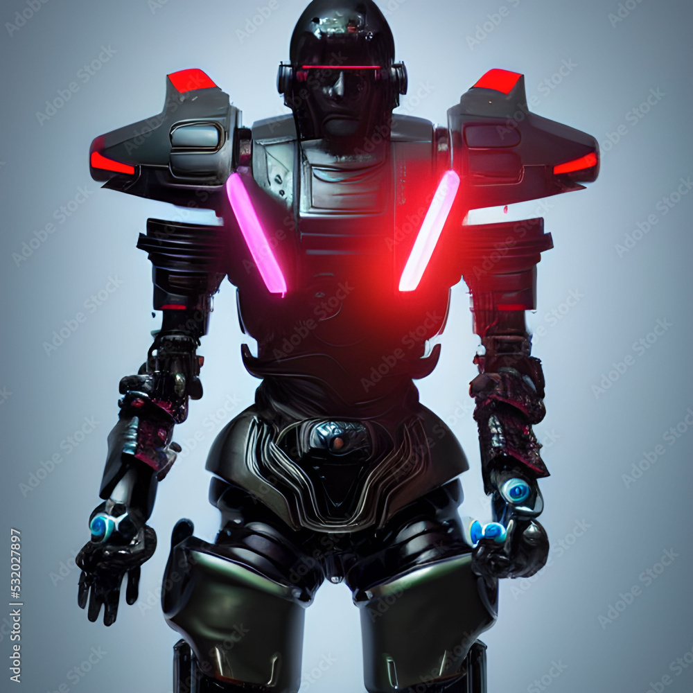 A high-tech cyberpunk robot is standing in a dark room. It is ...