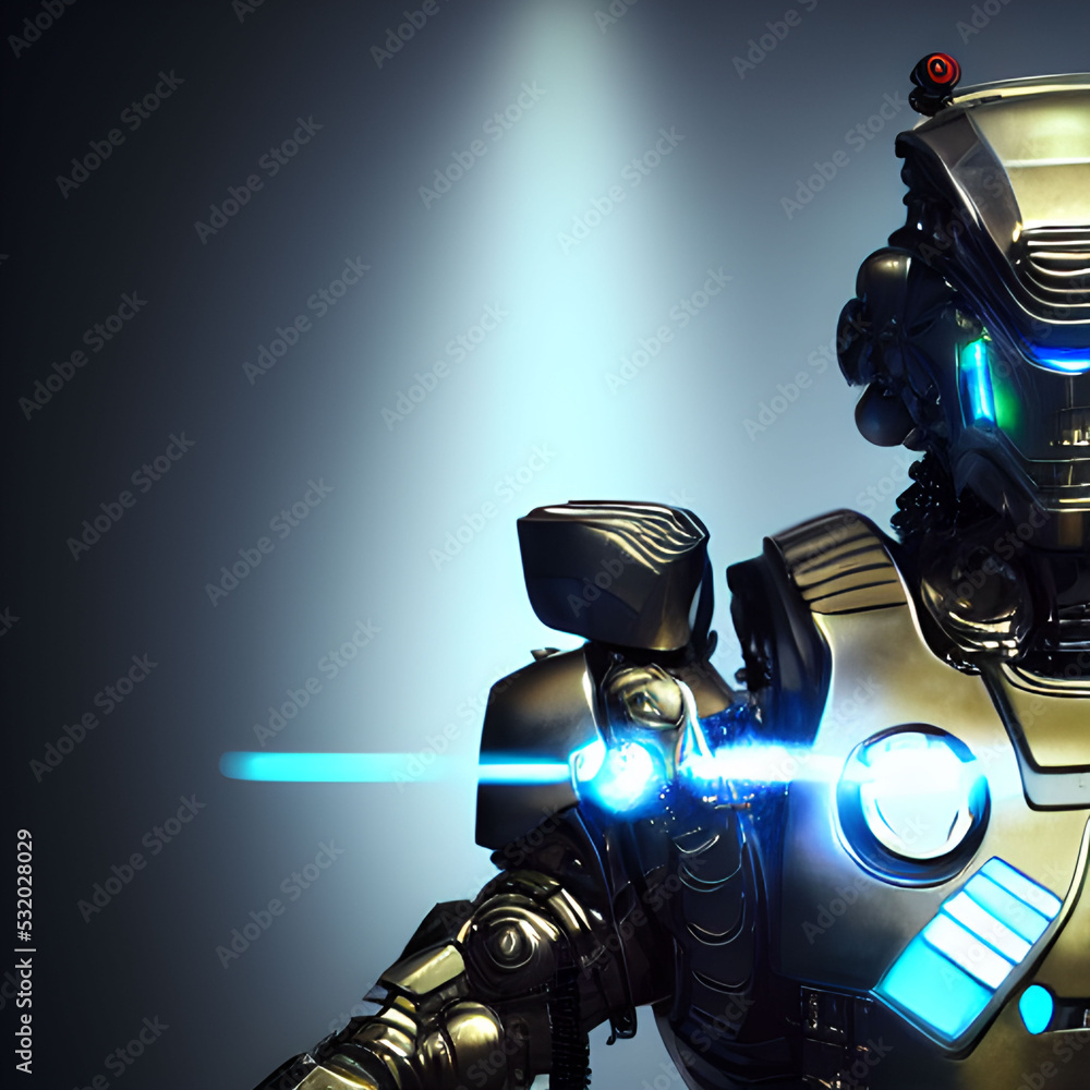 A sleek, high-tech robot stands in the middle of a dark and dusty room ...