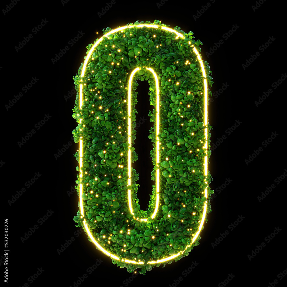 Number 0, Alphabet. Green plant neon glowing number isolated with ...