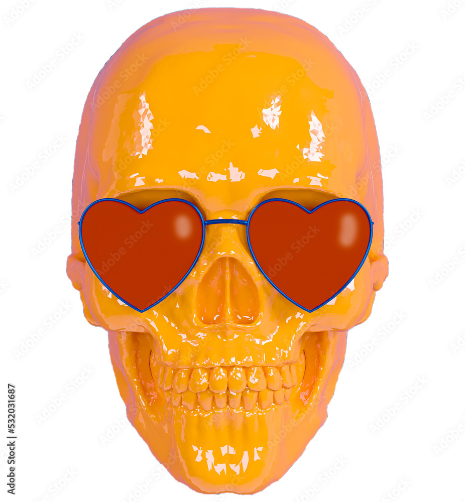 Yellow skull in red heart glasses 3d illustration 3d rendering skull ...