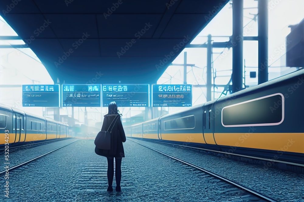 3D illustration of an anime girl standing near the train. Railway. 3d ...