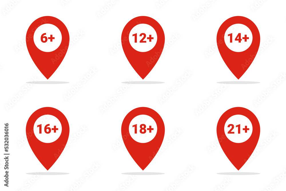 Set of red map pins with age restriction signs. Place visit age limit ...