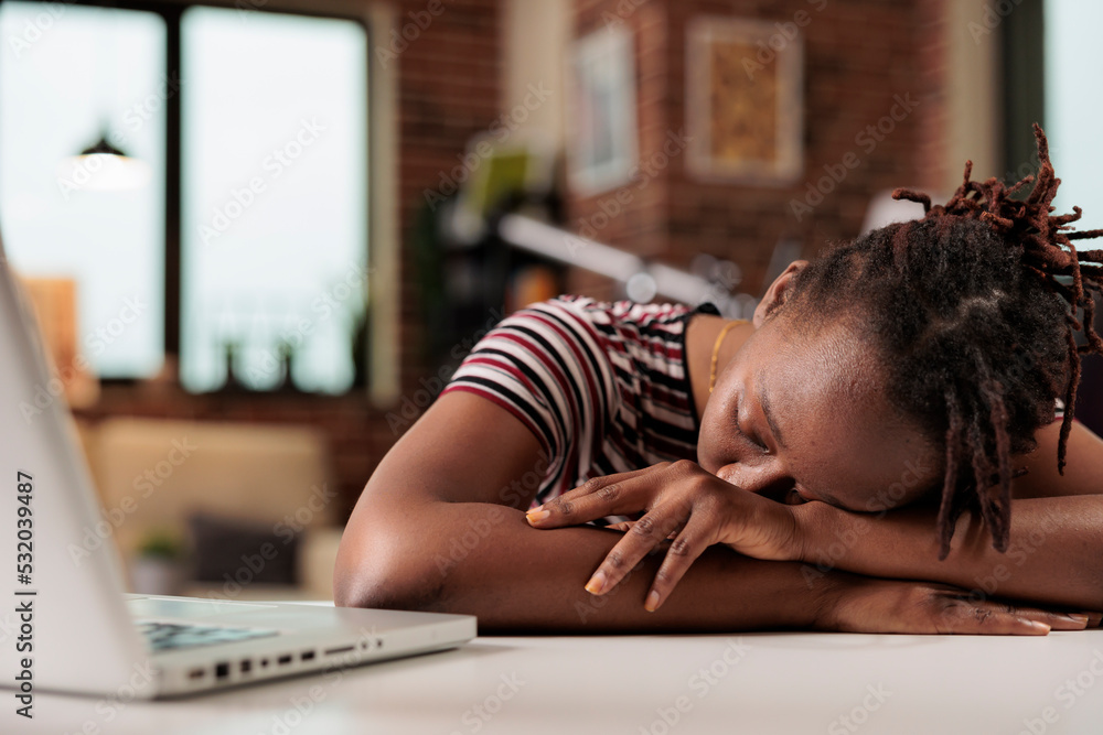 Overworked freelancer asleep on table at workplace, sleepy stressed ...