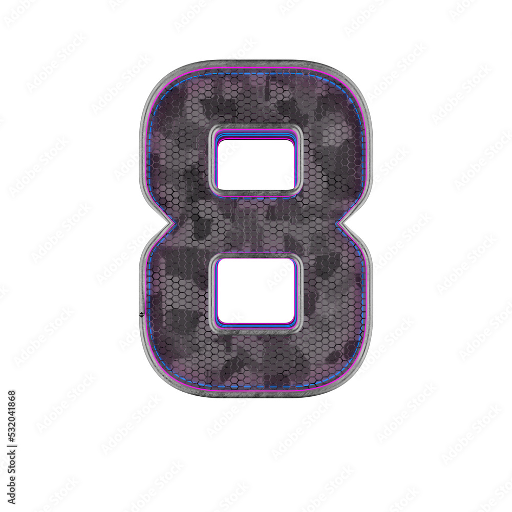 number 8. Metallic futuristic font with blue neon lights. 3d render ...