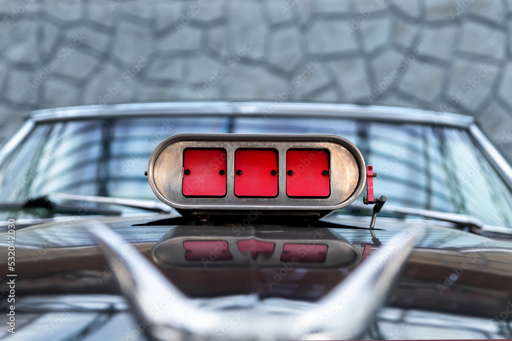 Close-up detail view of old classic vintage retro american supercharged ...