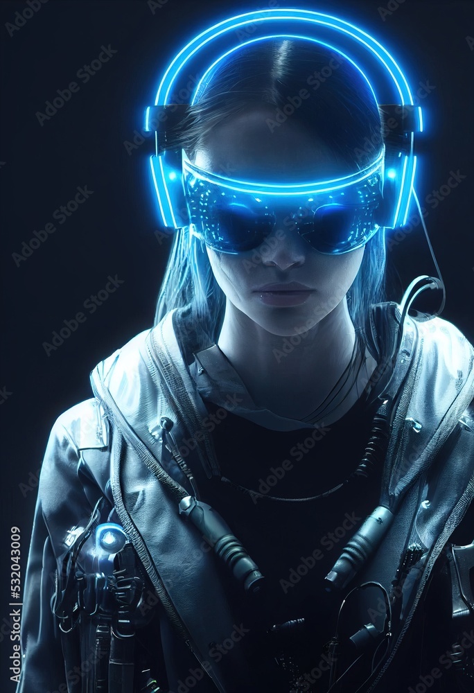 Realistic portrait of a sci-fi cyberpunk girl. High-tech futuristic ...