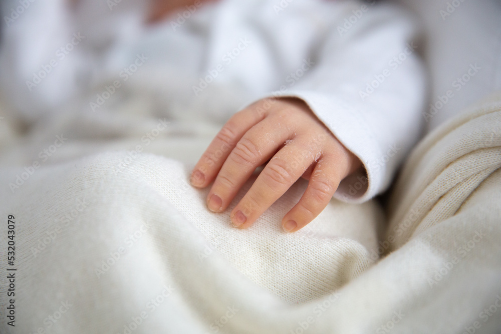 Small hand of a newborn baby with thin skin and long nails. The baby's ...