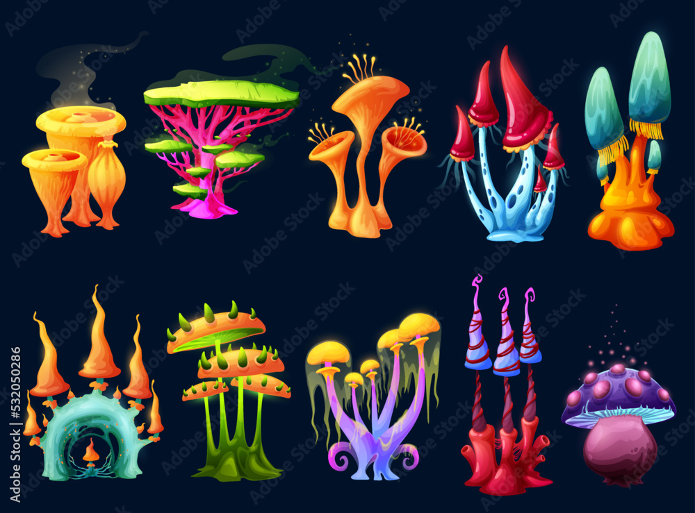 Fantasy magic cartoon mushrooms, vector design of alien forest plants ...