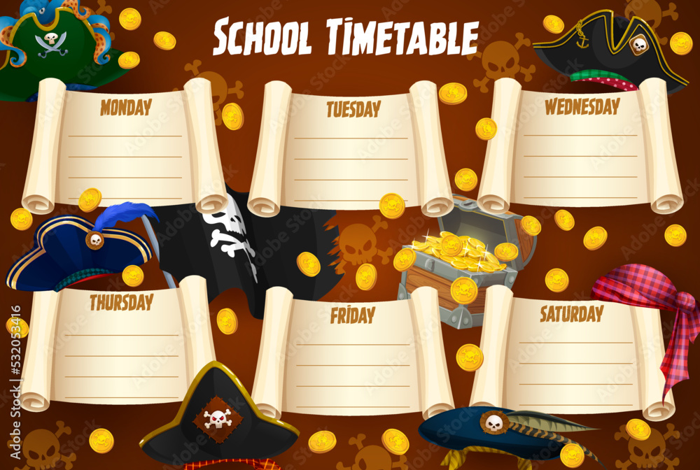 Pirate tricorn, cocked hats, flag and golden chest education timetable ...