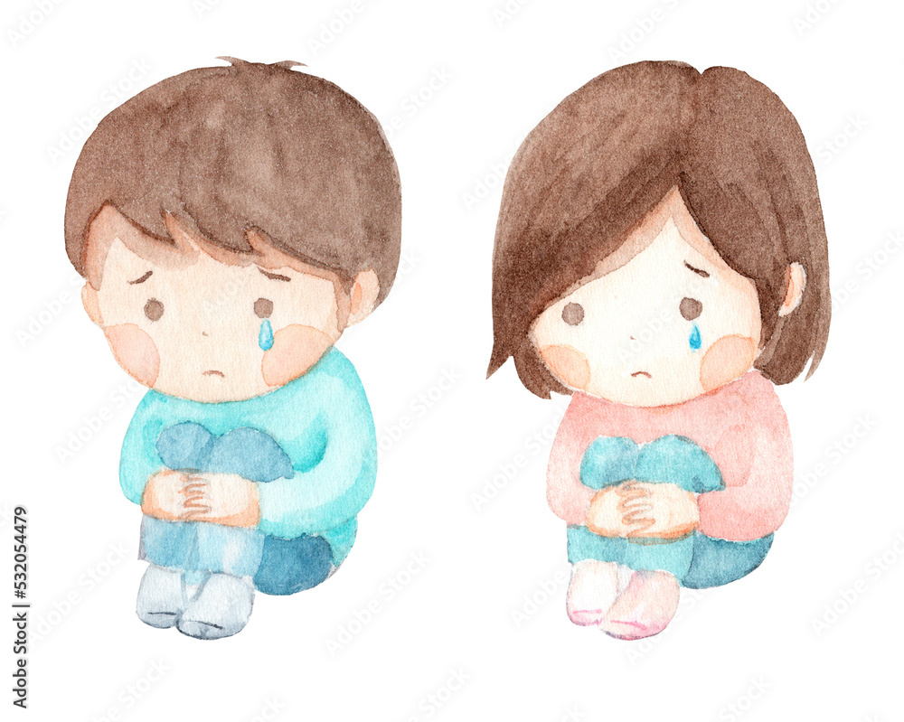 ひざをかかえて泣く子供の水彩イラスト 背景透過png Ilustração Do Stock Adobe Stock