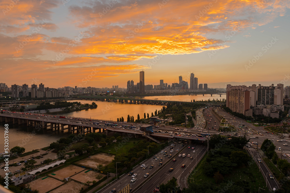 Traffic and Sunset at seoul city and Downtown skyline in Seoul, South ...