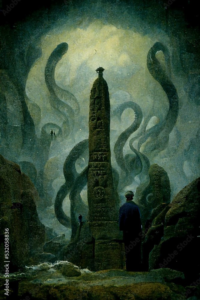 Lovecraft inspired scene. Dark and creepy sea monster with tentacle in ...