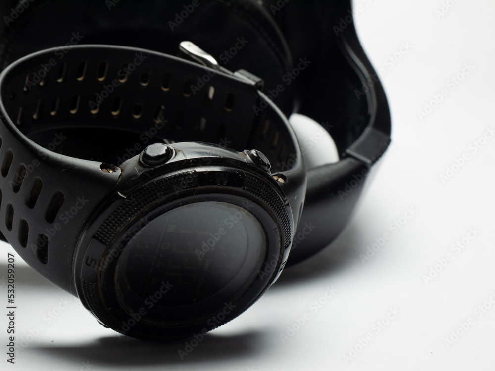 men's black watch with digital dial on white background Stock Photo ...