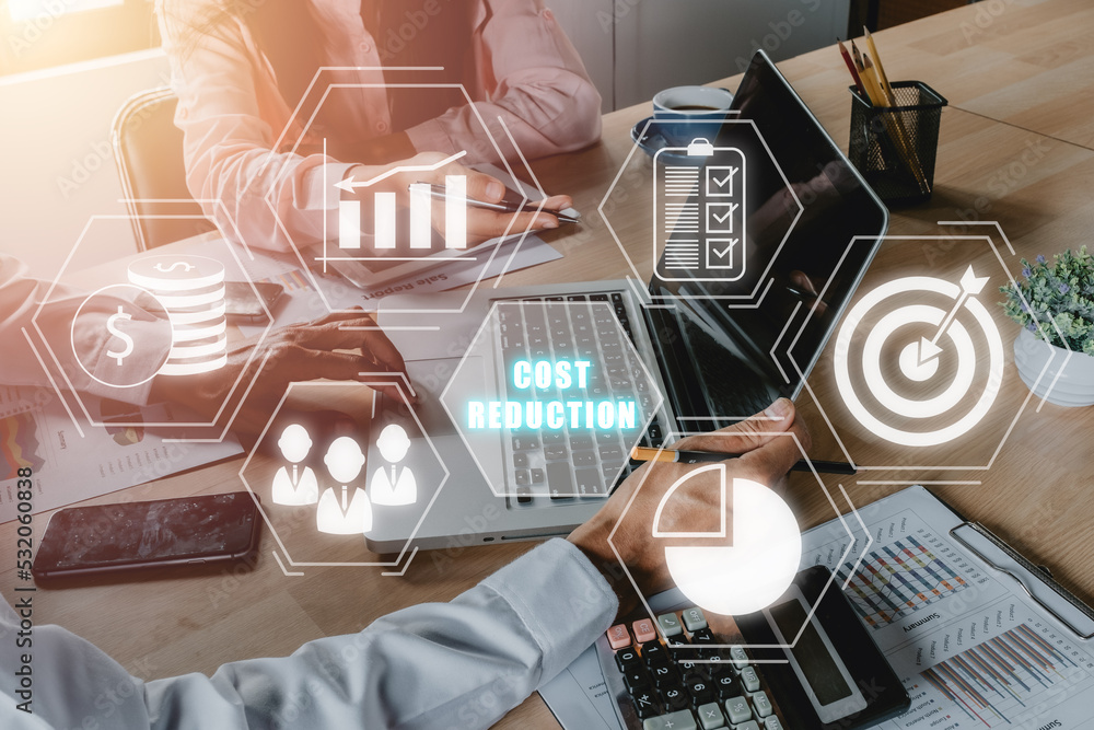 Cost reduction business finance concept, Business team analyzing data ...