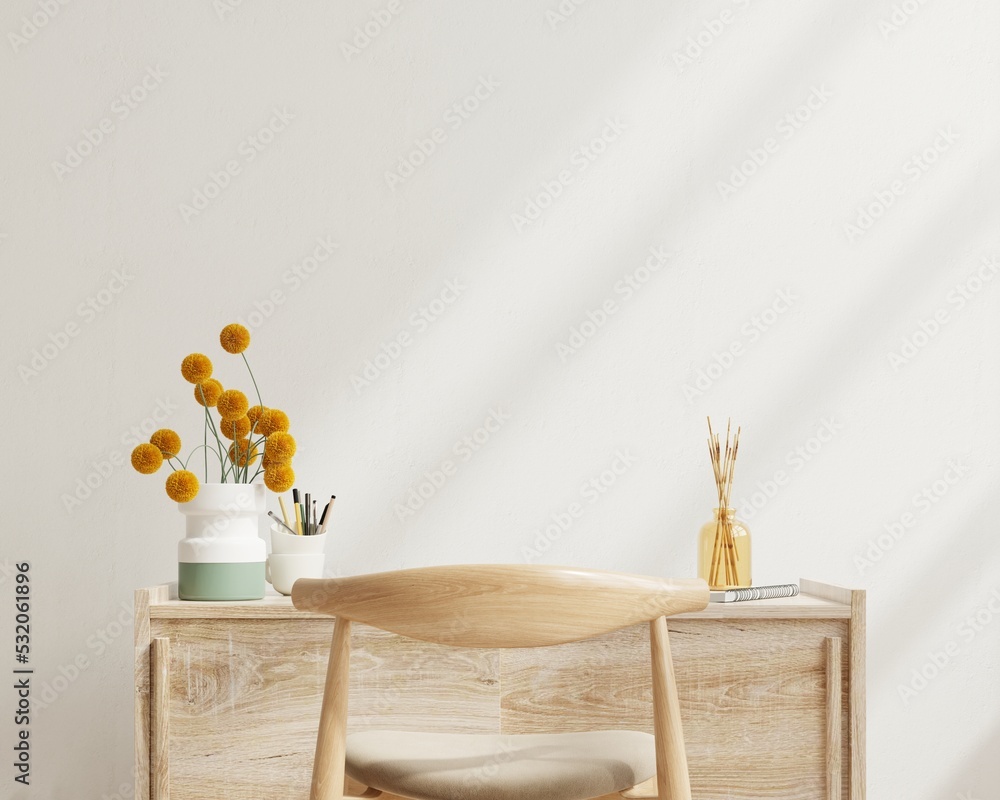 Office room with table working on light white wall background. Stock ...