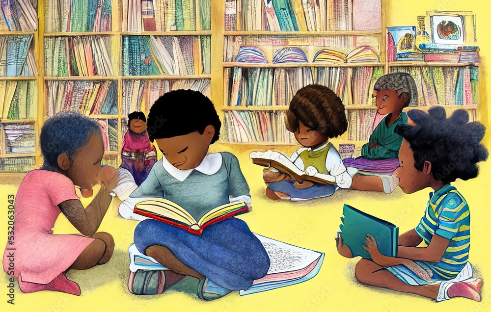 African American children kids students reading books in a classroom ...