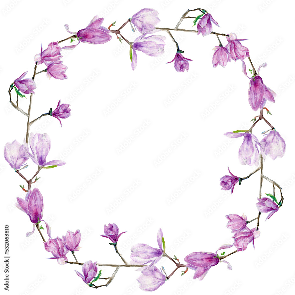 Watercolor magnolia floral arrangement, magnolia borders, wreath, frame ...