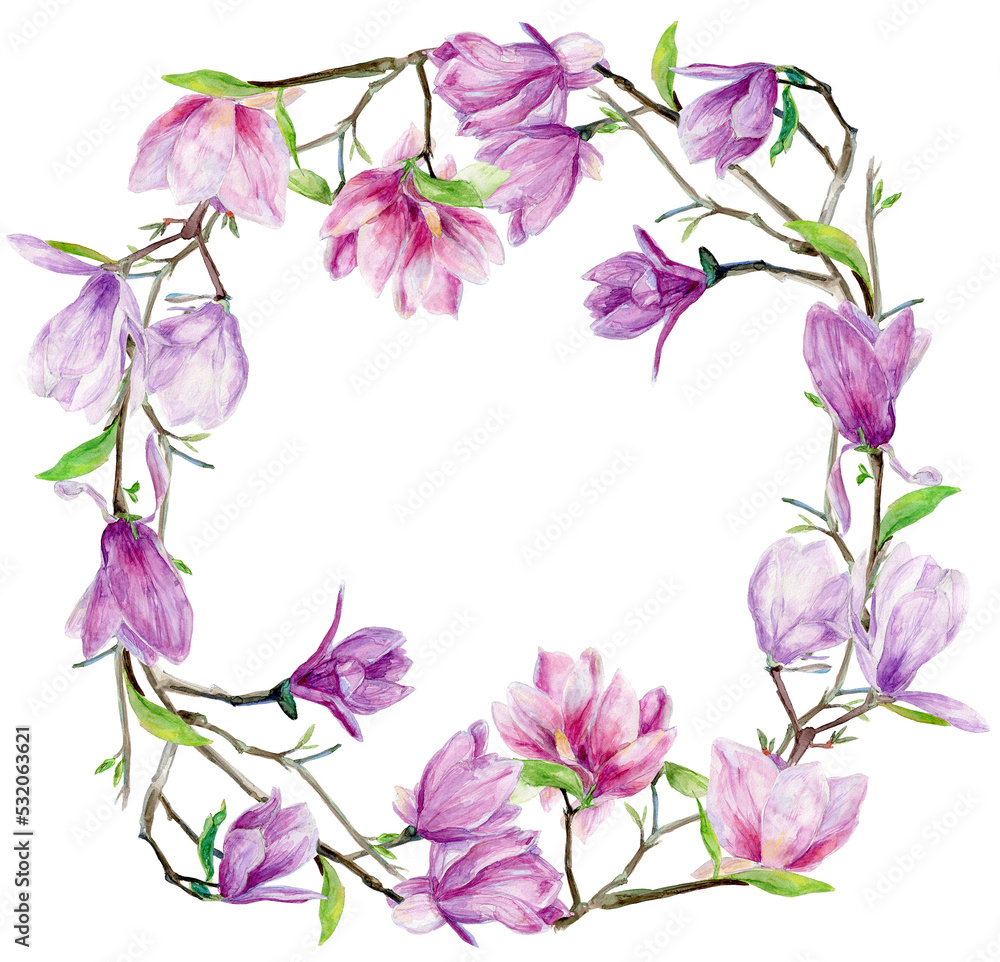 Watercolor magnolia floral arrangement, magnolia borders, wreath, frame ...