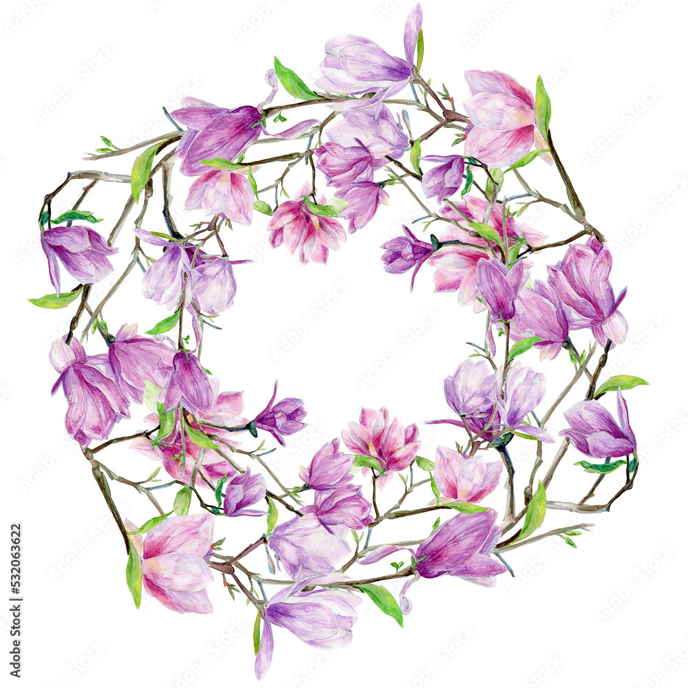 Watercolor magnolia floral arrangement, magnolia borders, wreath, frame ...