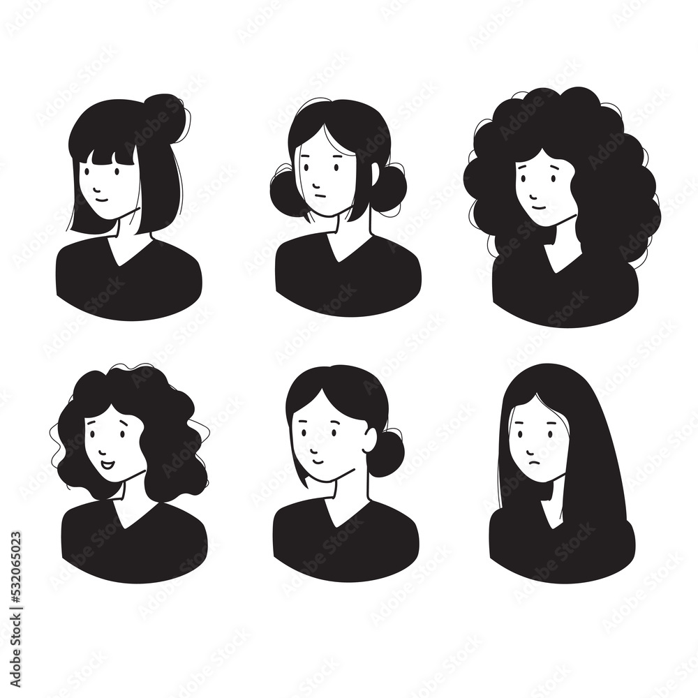 Set of faces. Set of Icons. Avatar Girls, women, icons. Doodles, hand ...