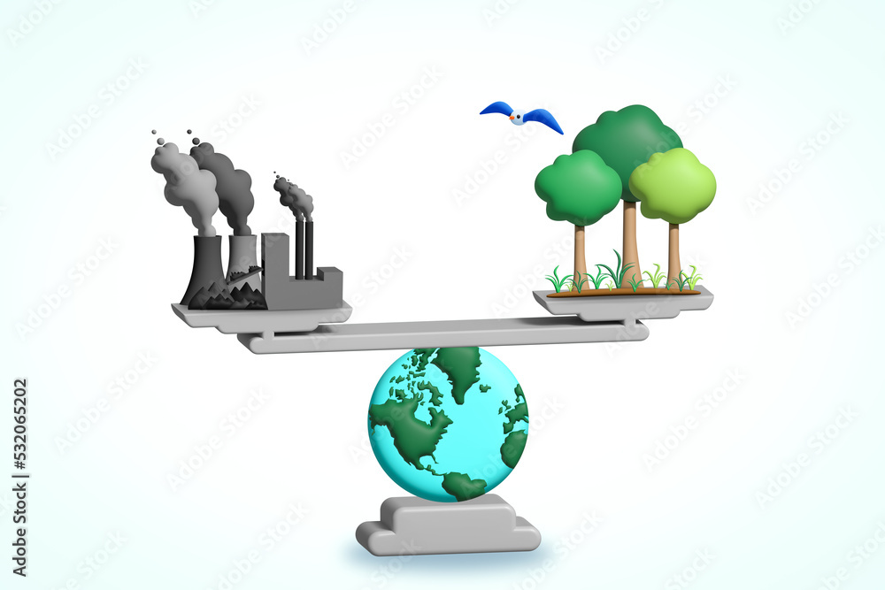 The world balancing industry and nature on a scale, 3D illustration ...