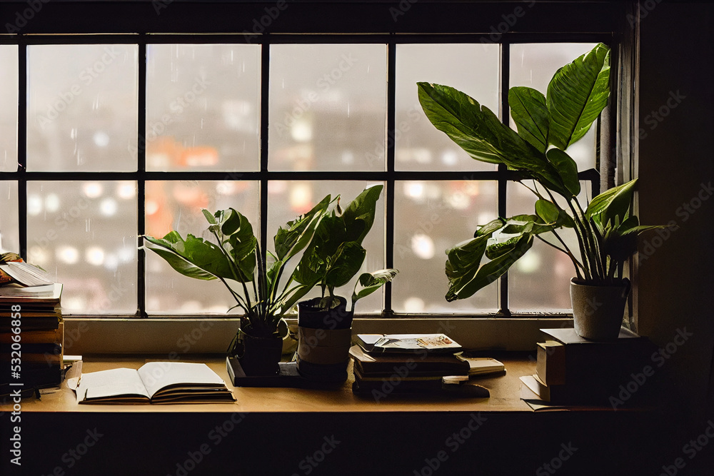 View from a plant-cluttered desk out a window into a rainy city ...