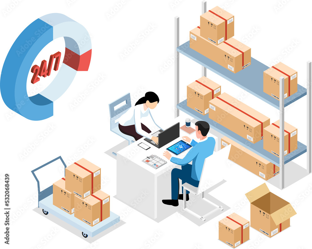 3D isometric Online delivery concept with a man and a woman decide the ... 3D isometric Online delivery concept with a man and a woman decide the ...