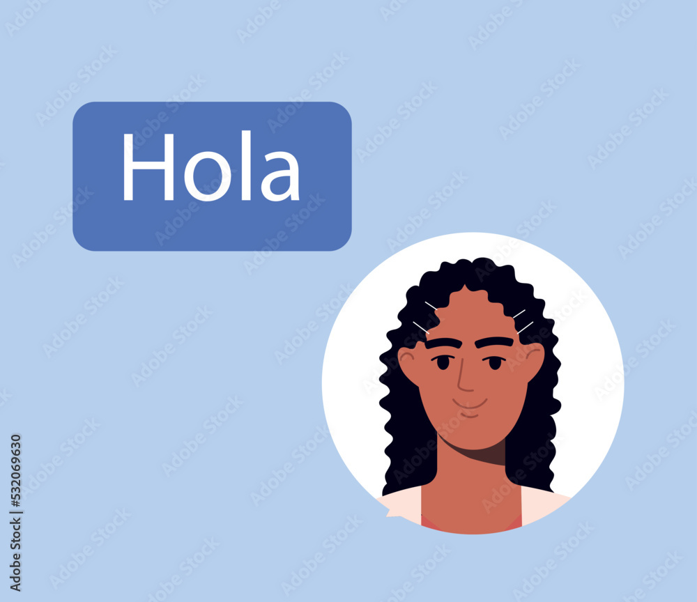 Multilingual greeting. Young smiling woman greets chatting friends and ...