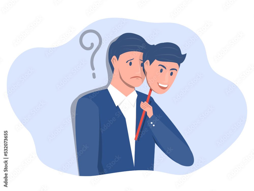 imposter syndrome, Businessman trying on carnival masks with happy or ...