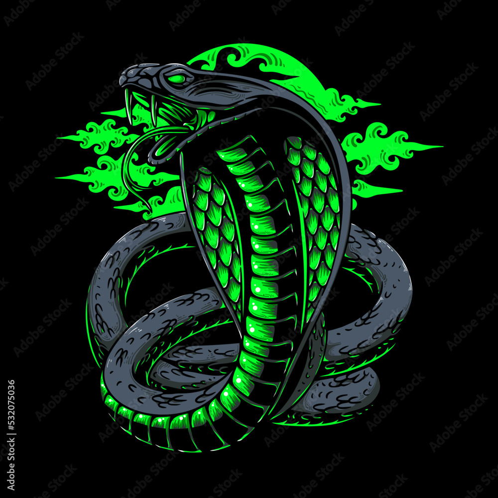 vector illustration colorful creepy cobra with clouds background ...