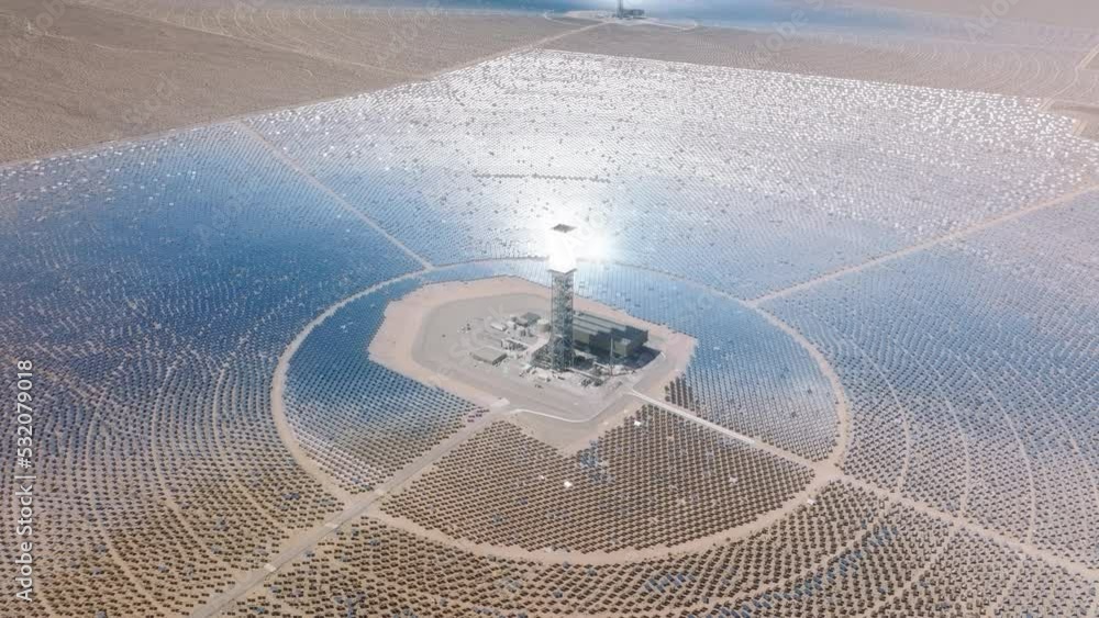 A huge solar plant concentrating sunlight into the mirrors as seen from ...