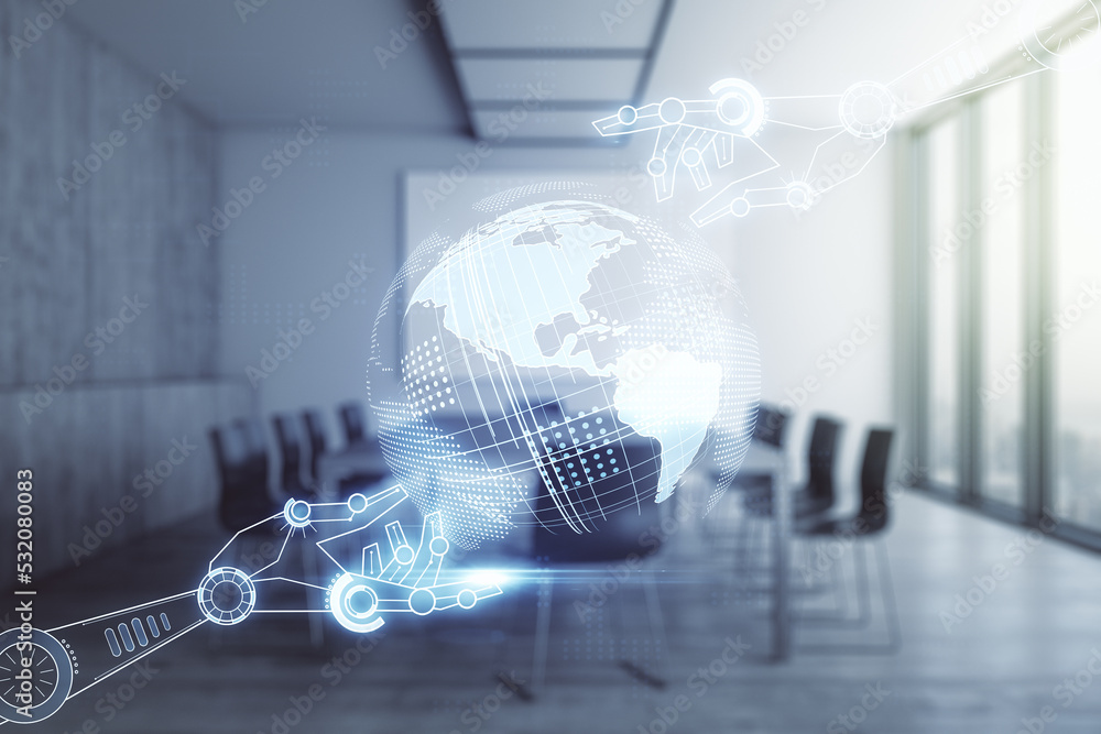 Abstract virtual robotics technology hologram with globe sketch on a ...