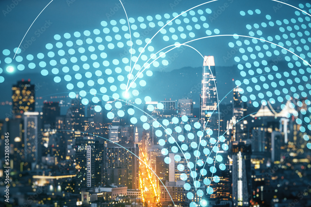 Abstract virtual world map with connections on San Francisco skyline ...