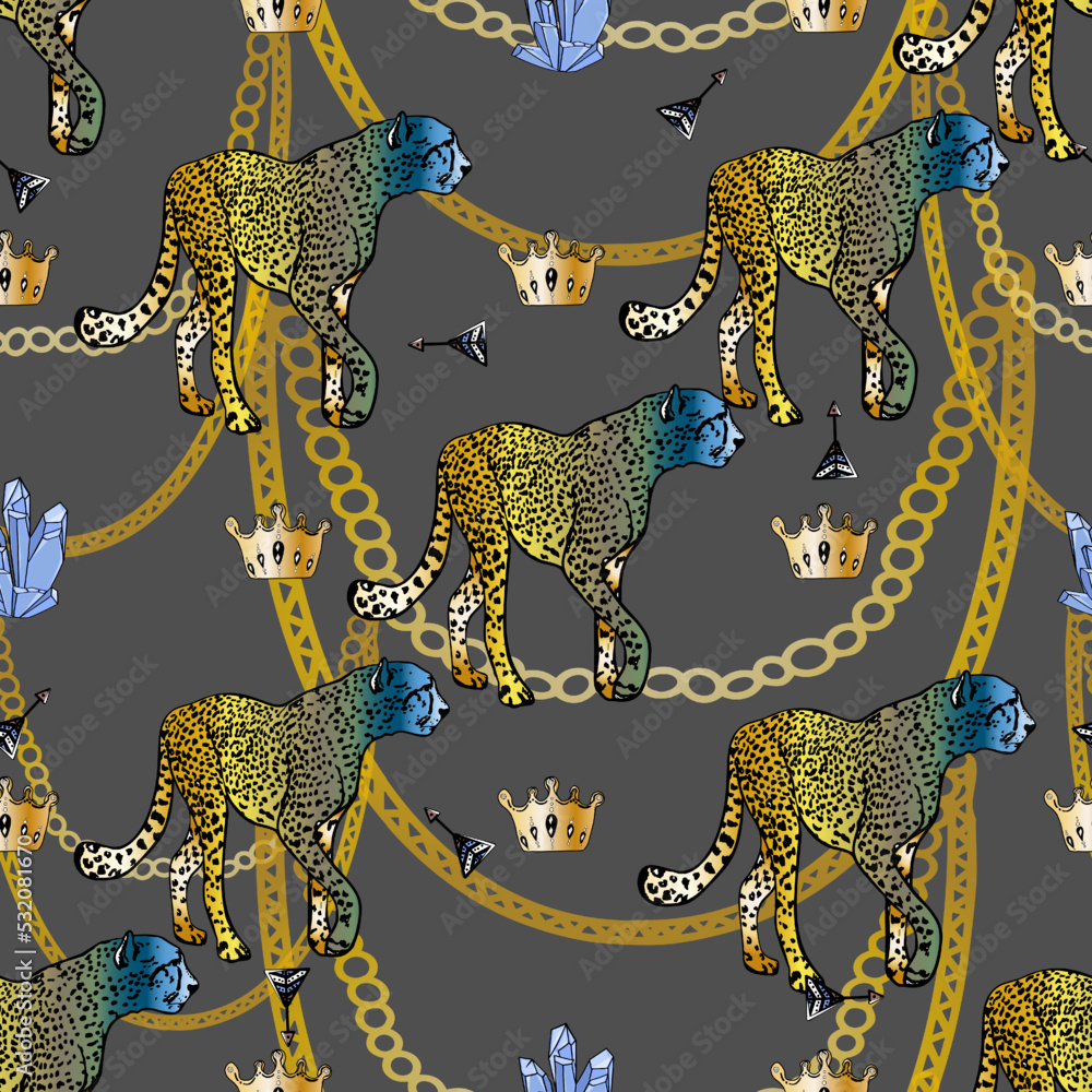 Tropical jaguar pattern and crown. Seamless illustration of a chain ...