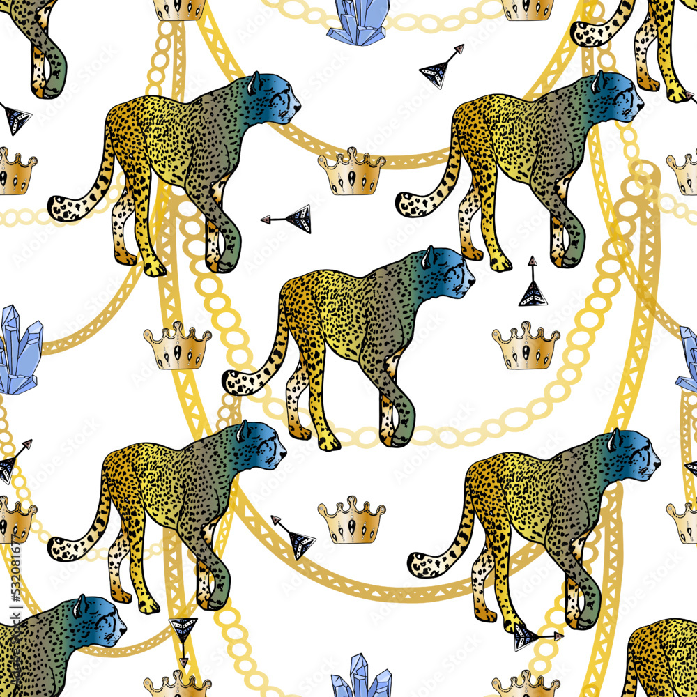 Tropical jaguar pattern and crown. Seamless illustration of a chain ...