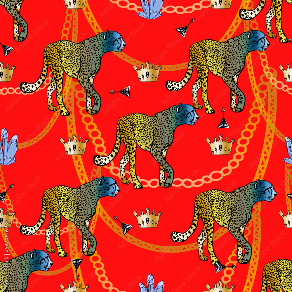 Tropical jaguar pattern and crown. Seamless illustration of a chain ...