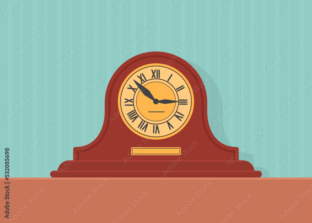 Wooden retro mantel clock on wall background. Home interior concept ...