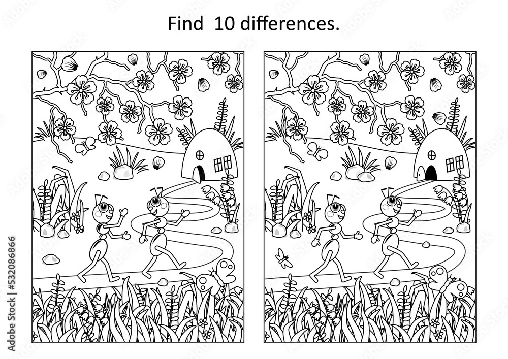 Ants are coming back to the anthill. Difference game, or picture puzzle ...
