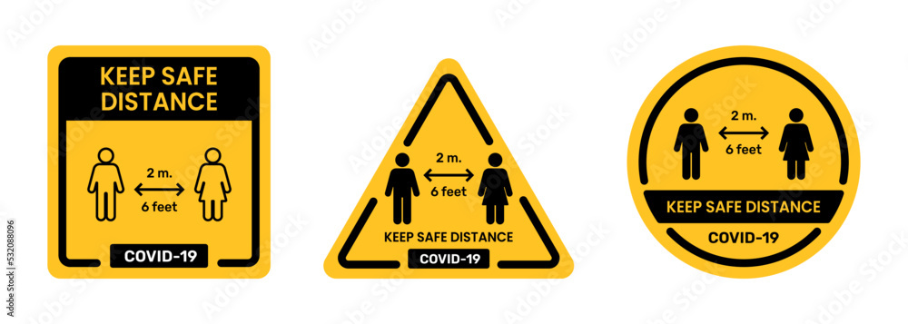 Keep a safe distance and stop covid-19 sign icon. Public warning ...